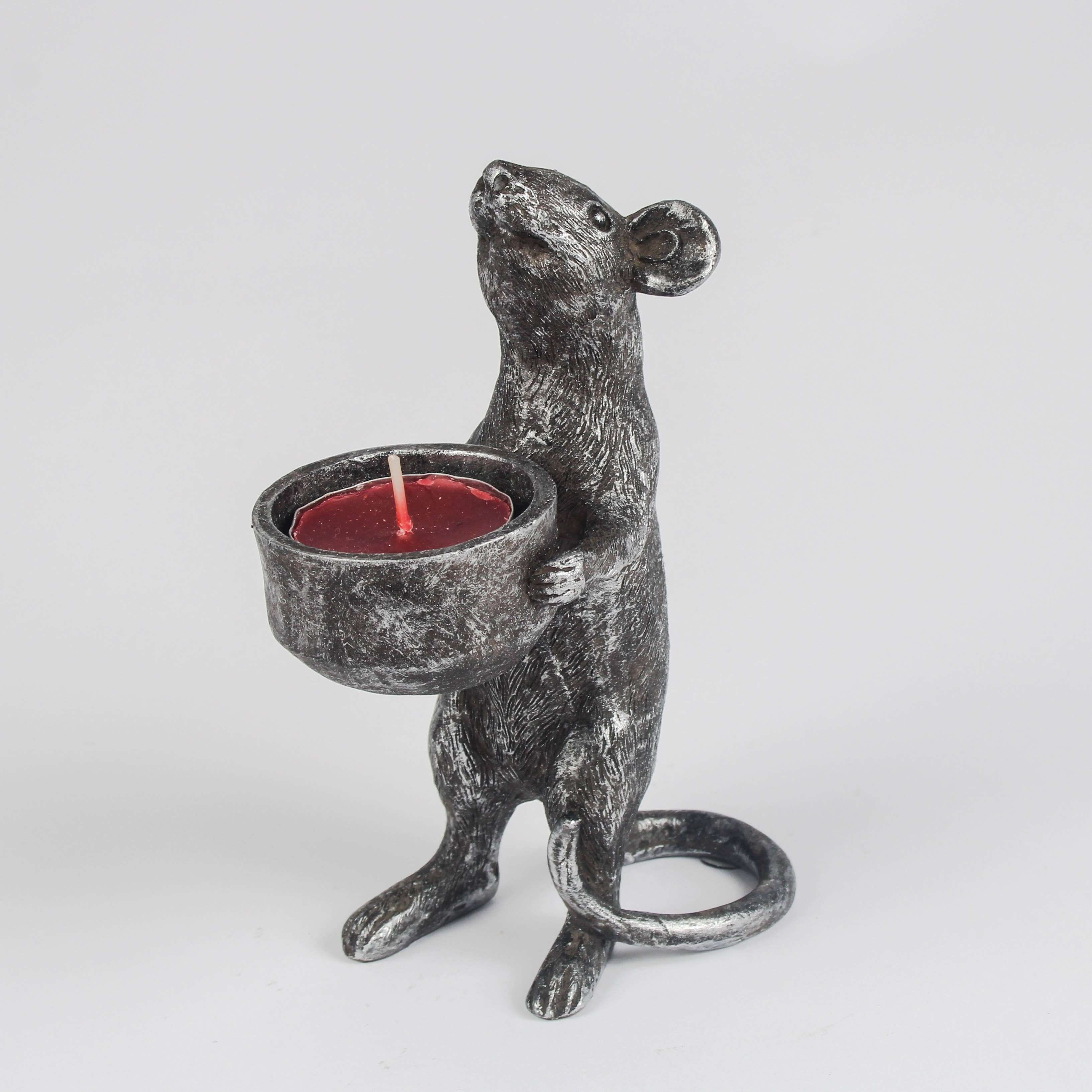 Silver resin mouse tea light holder candle ornament – Hare and Hawthorn